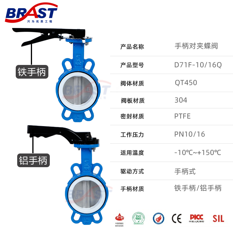 H手柄对夹四氟蝶阀D71F-10/16Q球墨体 304板四氟阀座耐油酸碱_虎窝淘