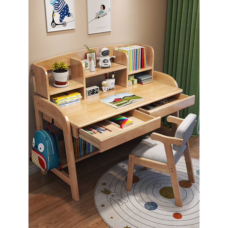 。实木儿童书桌可升降小学生写字桌书架一体桌小户型学习桌家用课_虎窝淘