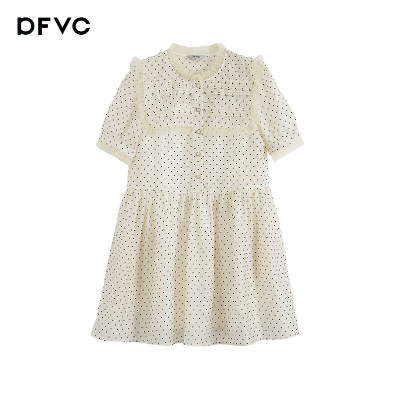 dfvc法式波点泡泡袖连衣裙女夏2024新款网纱木耳边娃娃领a字裙子_虎窝淘