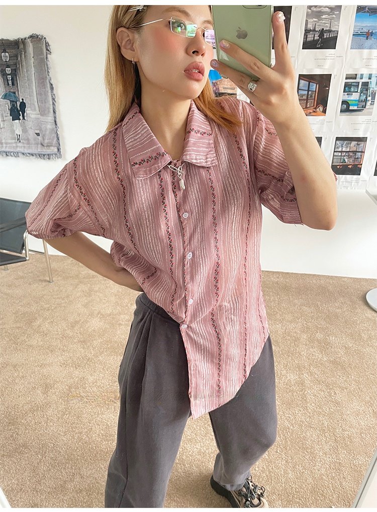 Unique SEI韩国夏季设计感ins风粉色小碎花印花休闲宽松百搭衬衫_虎窝淘