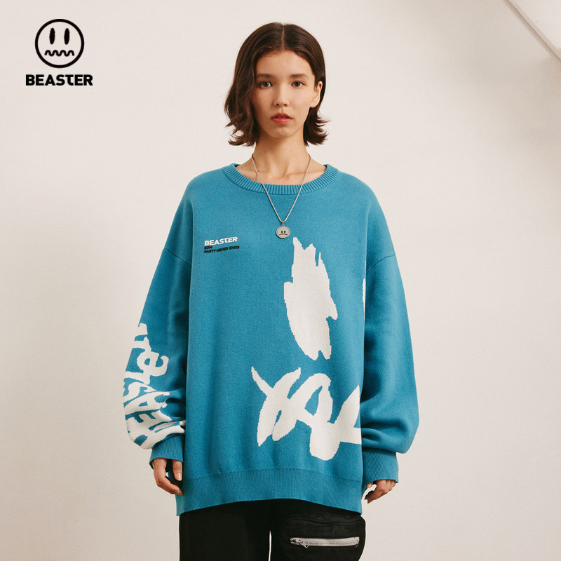 beaster官方小恶魔鬼脸情侣毛衣ins时尚休闲落肩宽松男士保暖上衣_虎窝淘