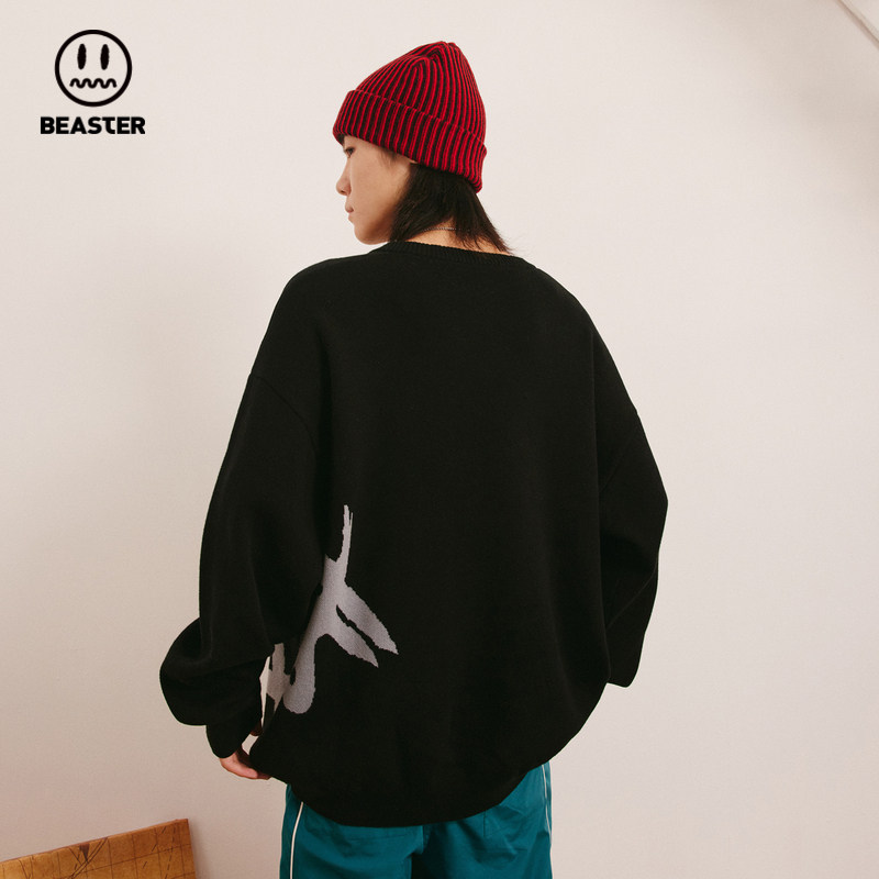 beaster官方小恶魔鬼脸情侣毛衣ins时尚休闲落肩宽松男士保暖上衣_虎窝淘