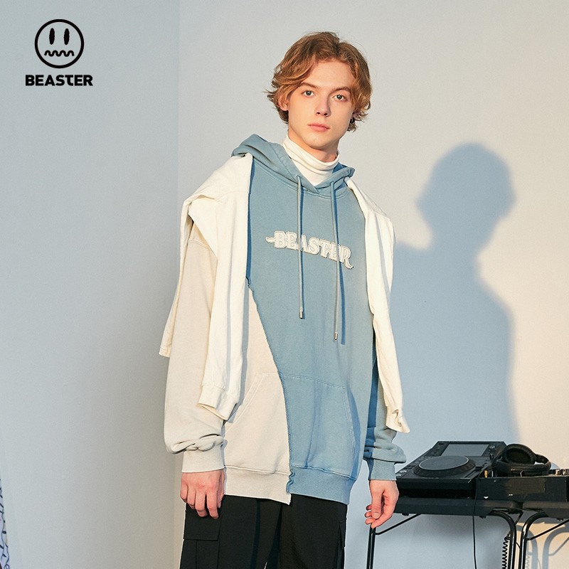 beaster官方小恶魔鬼脸美式休闲连帽卫衣拼接撞色男友风落肩上衣_虎窝淘
