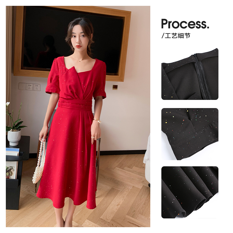 五季家大码女装胖mm2023年新款夏装轻熟风方领别致设计点缀连衣裙_虎窝淘