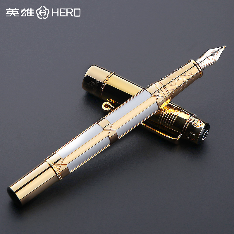 正品HERO/英雄10K金笔2065黑色白色格子纹学生练字明尖金笔钢笔男式女式商务成人节日礼品礼盒装墨水钢笔_虎窝淘