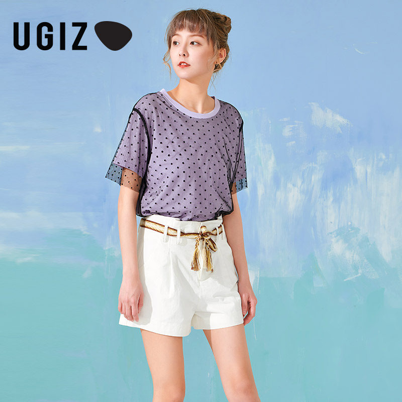 UGIZ夏季新品女装韩版时尚休闲网纱两件套上衣波点T恤女UBTC621-5_虎窝淘