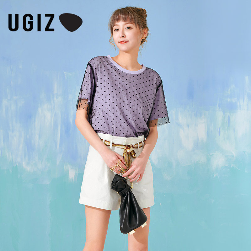 UGIZ夏季新品女装韩版时尚休闲网纱两件套上衣波点T恤女UBTC621-5_虎窝淘