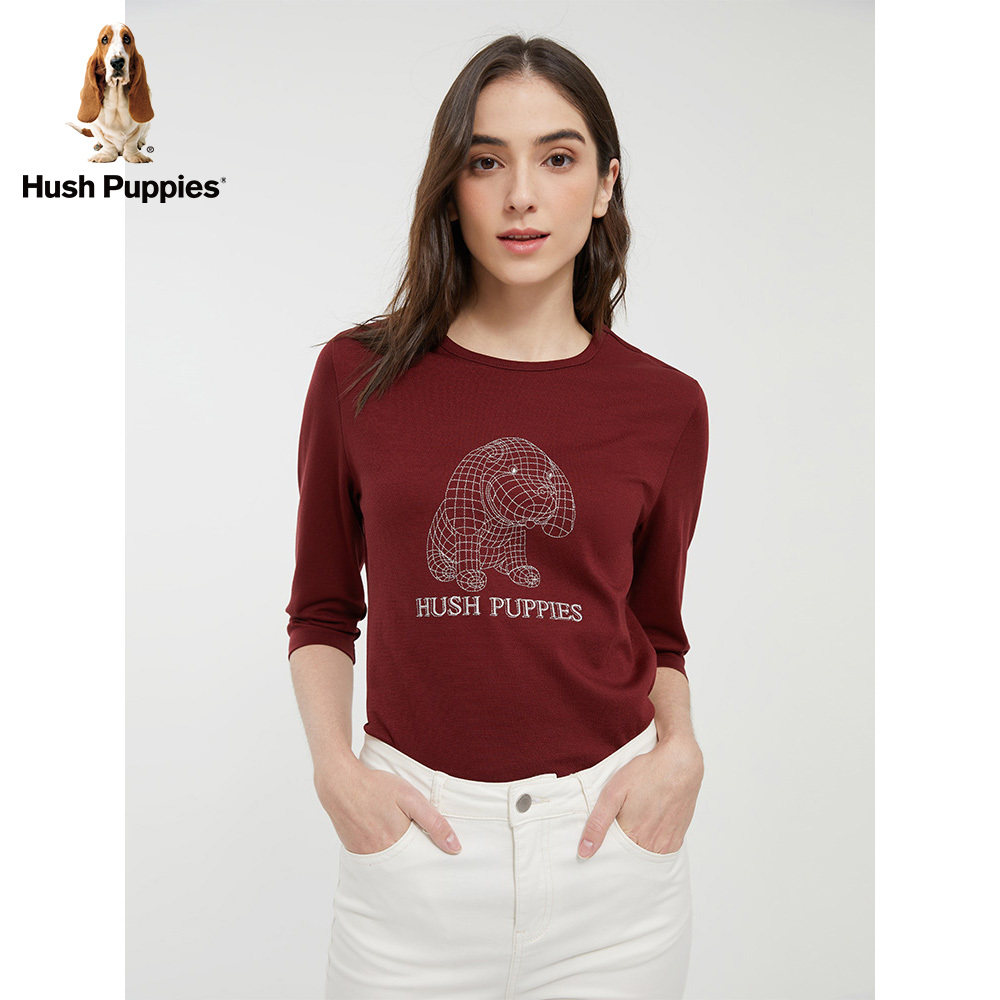 Hush Puppies暇步士女装春夏简约圆领刺绣五分袖T恤女|HD-22395D_虎窝淘