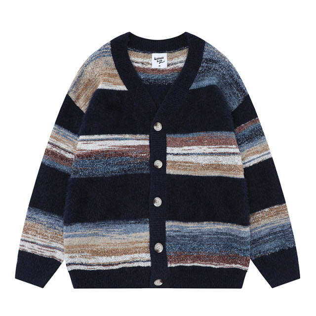 Wukong has a product retro lazy style striped cardigan knitted jacket ...