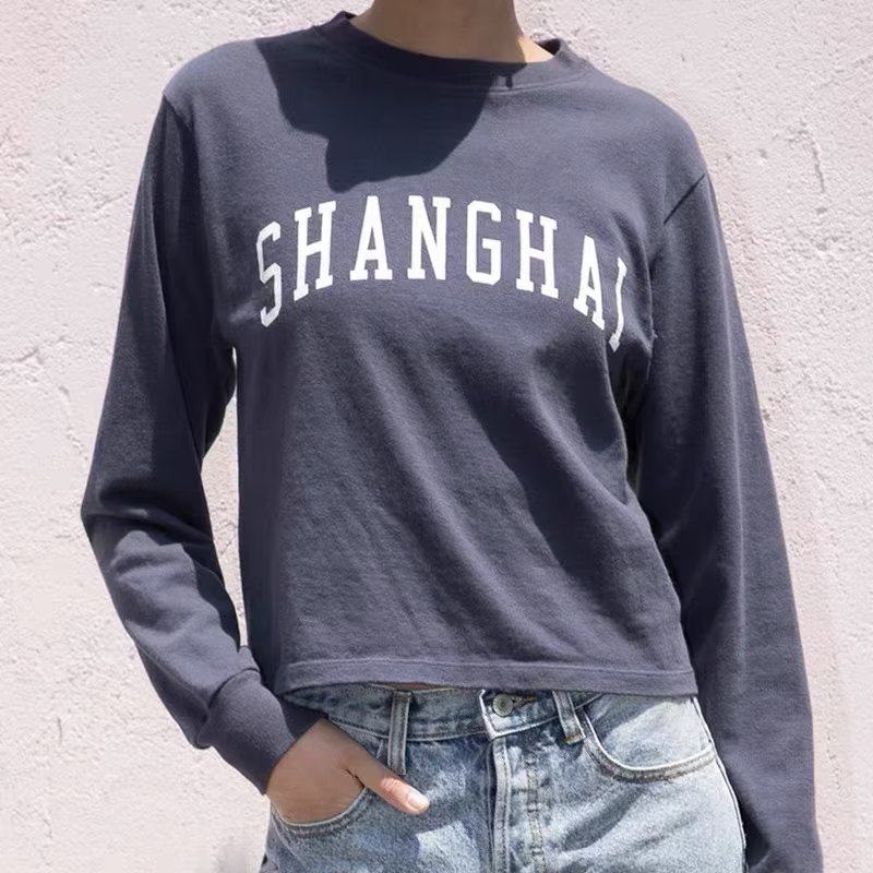 brandy girl官网纯棉圆领shanghai字母印花bm长袖T恤上衣女_虎窝淘