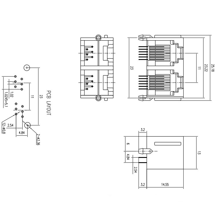 RJ11 6P6C网络接口6脚六芯针90度网口电话插件水晶头母座1X2连体_虎窝淘