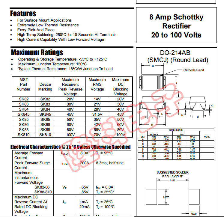 SK84-TP MCC SK84 SMC贴片肖特基二极管 8A 40V原装台厂DO-214AB_虎窝淘