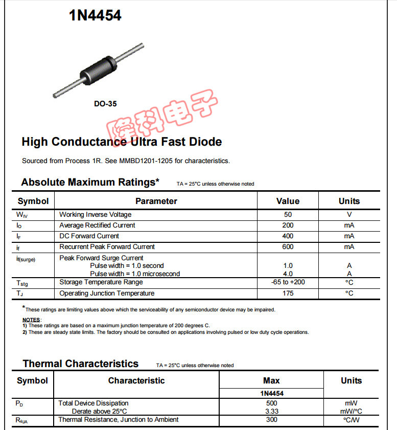 1N4454二极管1N4454TR高电导超快进口仙童 DO-35 50V 200mA 4ns_虎窝淘