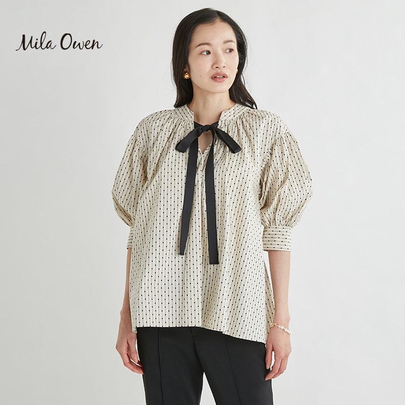 Mila Owen春秋季日系气质款泡泡袖蝴蝶结V领衬衫女士通勤上衣_虎窝淘