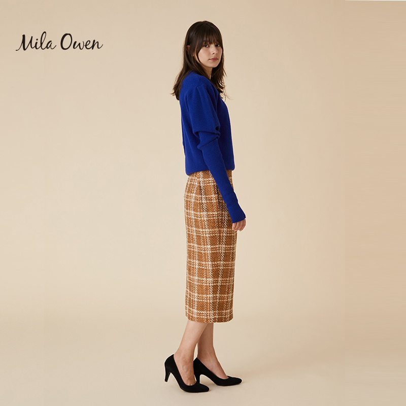 Mila Owen春季款日系职业通勤格纹格子直筒包臀高腰过膝半身裙女_虎窝淘