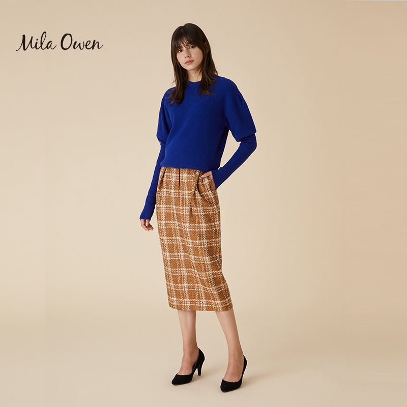 Mila Owen春季款日系职业通勤格纹格子直筒包臀高腰过膝半身裙女_虎窝淘