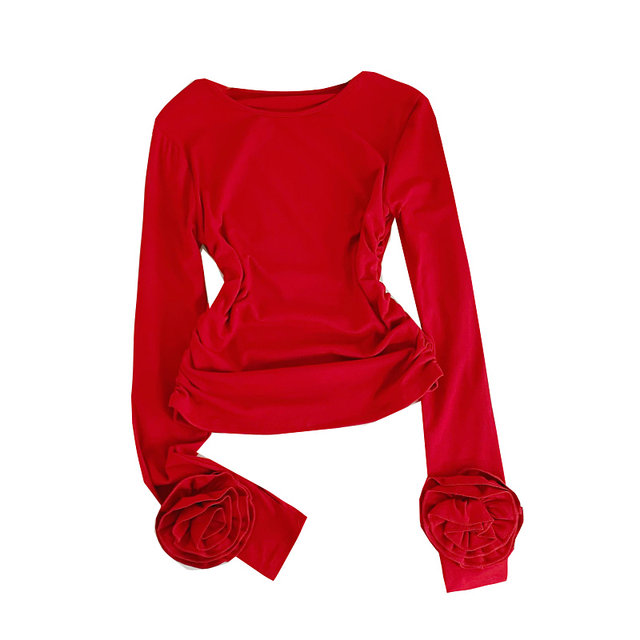 Design versatile round neck long sleeve three-dimensional flower slim ...