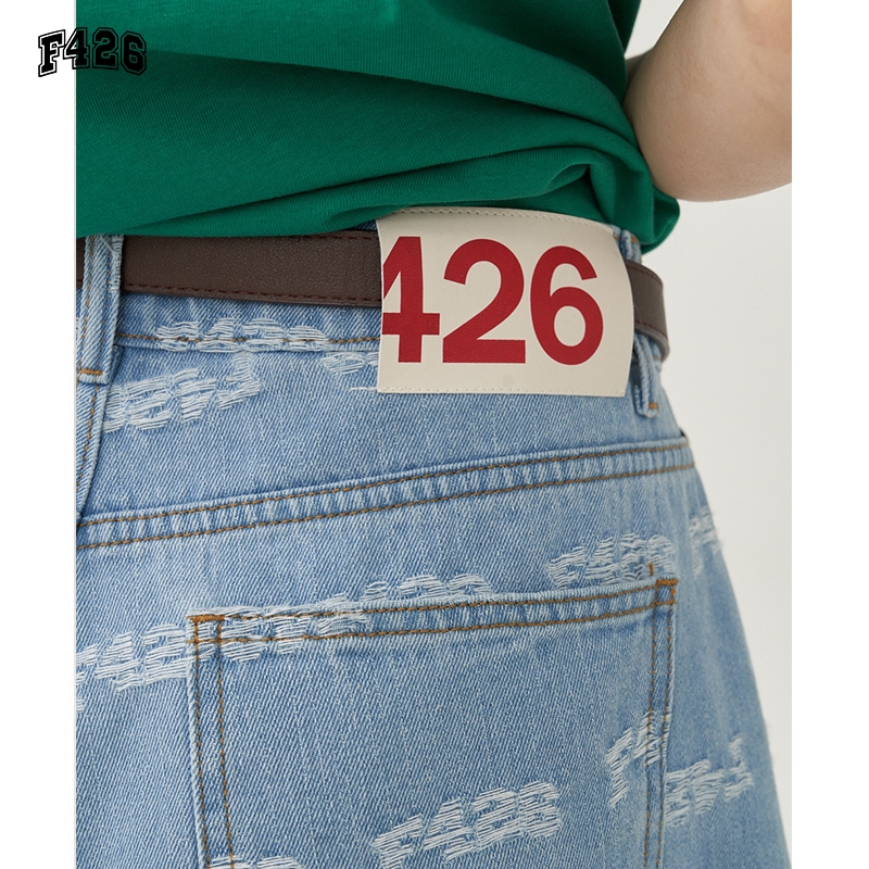 【F426官方店】国潮牌情侣街头嘻哈宽松logo提花拉丝牛仔短裤夏季_虎窝淘