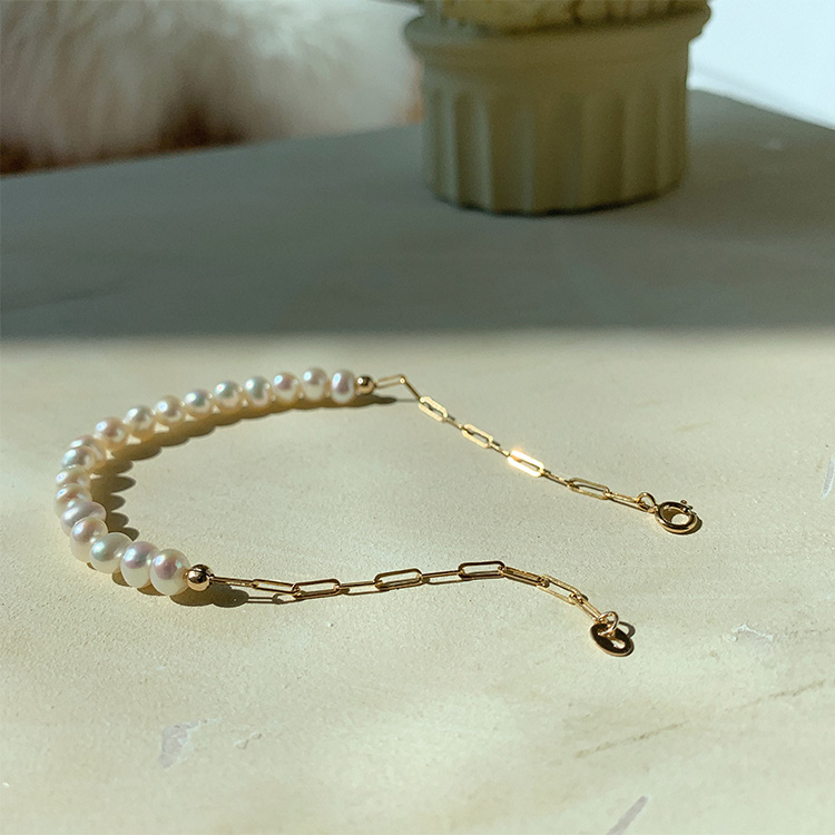 KEAI*手工制天然淡水珍珠手链美国进口14k注金可调节方形链条原创_虎窝淘