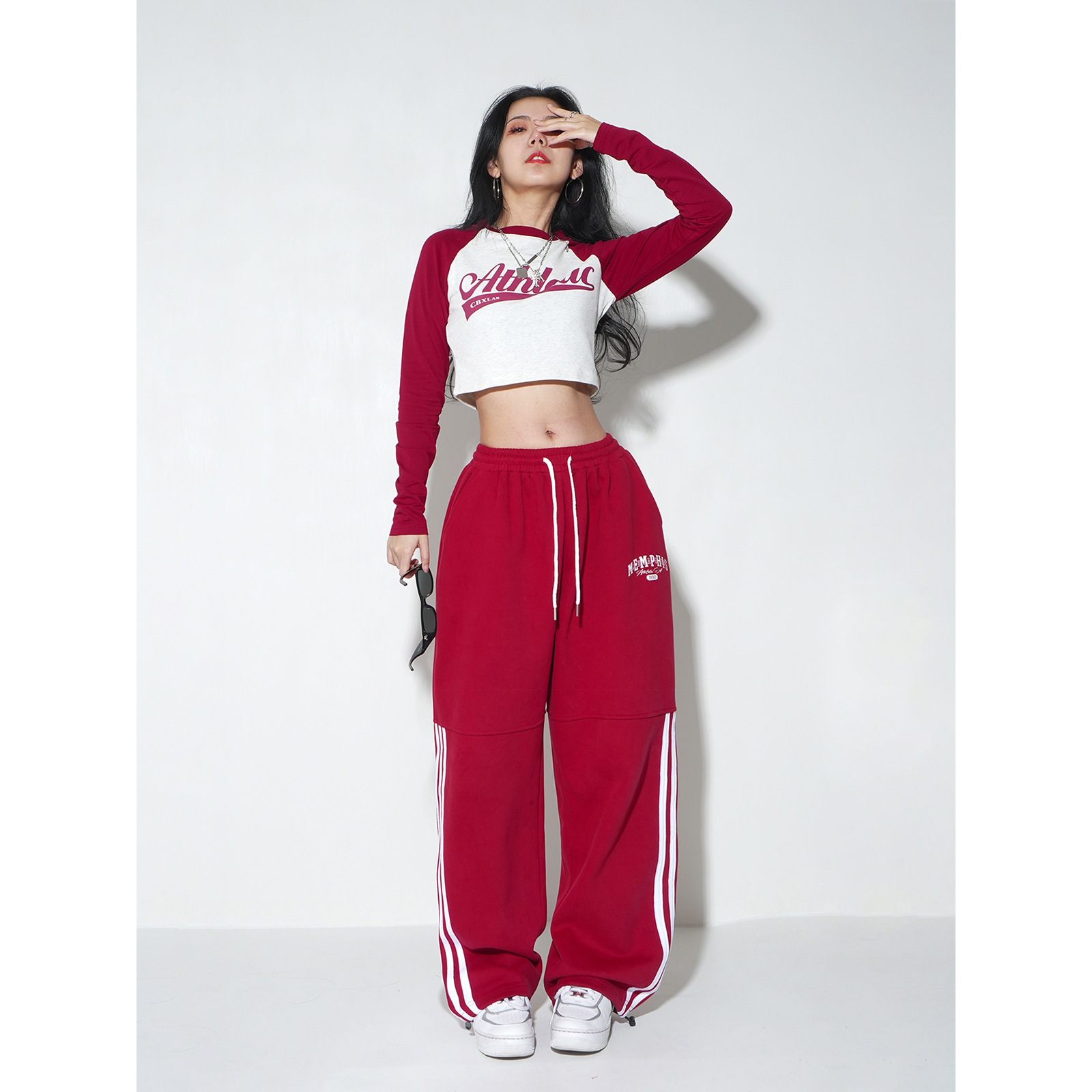 CBX原创酒红白灰美式插肩爵士上衣露脐跳舞女jazz紧身辣妹ins长袖_虎窝淘