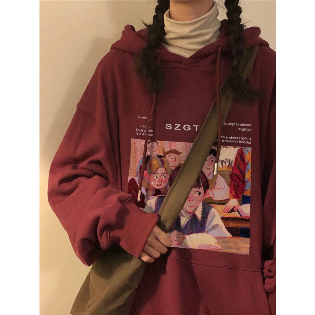 酒红色卫衣女春秋连帽宽松oversize小众设计潮牌加绒加厚外套上衣_虎窝淘