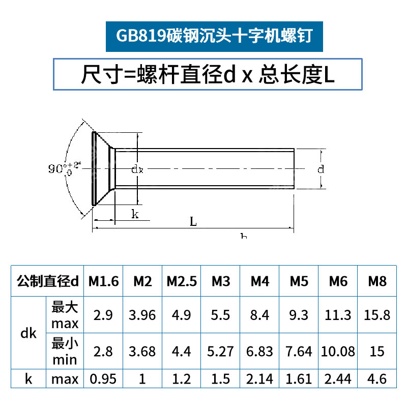 4.8级镀锌沉头螺丝铁平头十字槽机螺丝钉GB819 m2m2.5m3m4m5m6m8L_虎窝淘
