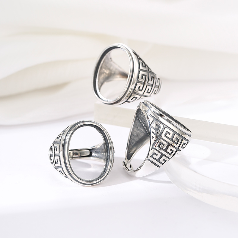 DIY戒托空托复古S925纯银戒指空托镶嵌绿松石蜜蜡开口男戒托15*20_虎窝淘