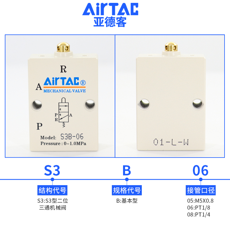 AirTAC原装正品亚德客基本型机械阀 S3B-05/M5/06/08 S3BM5/06_虎窝淘