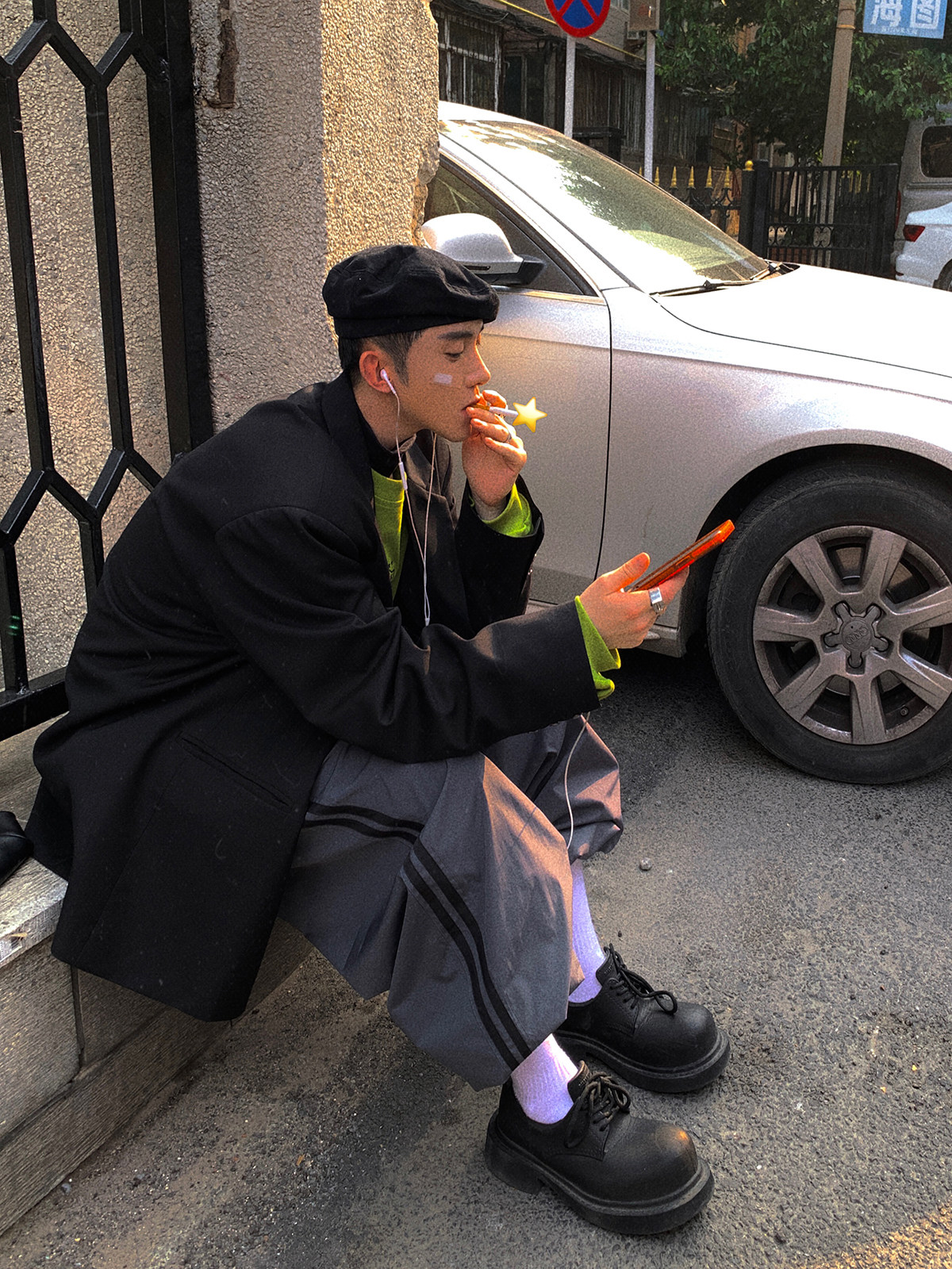 Aurocean黑色西装外套暗黑学院简约宽松大版休闲徽章制服_虎窝淘