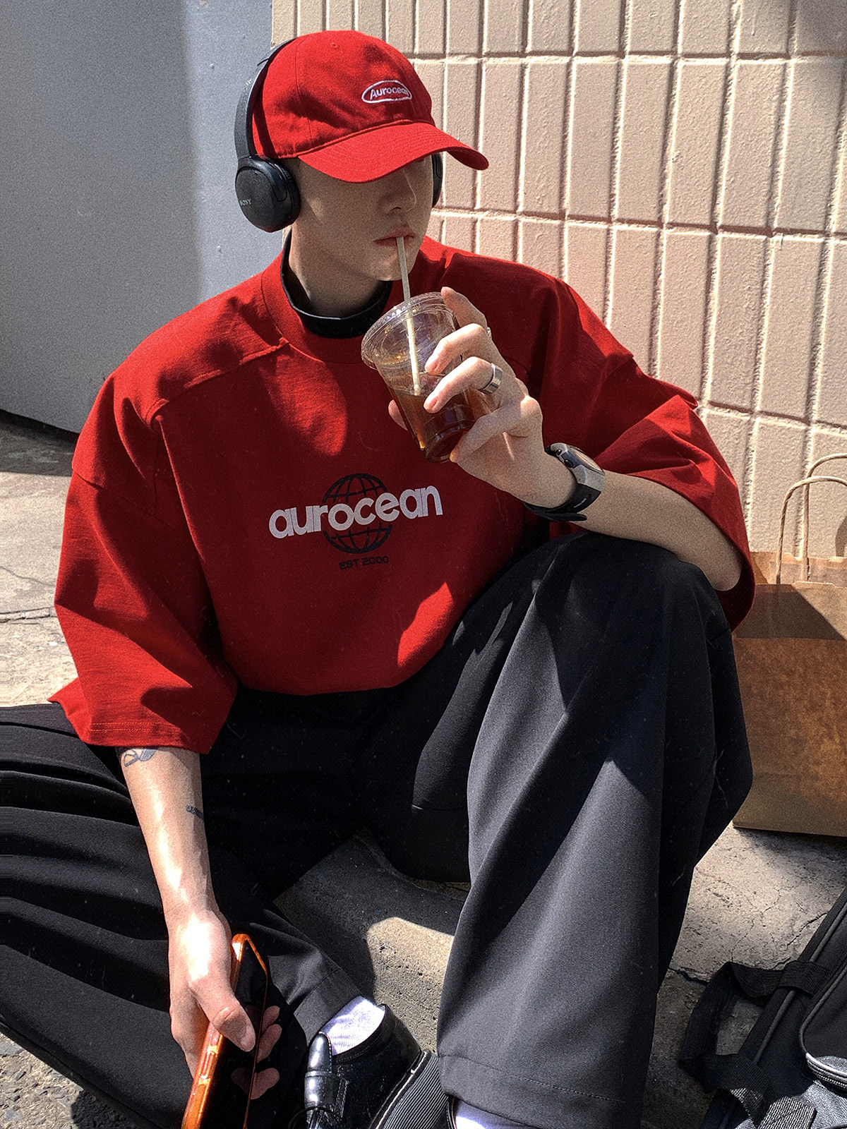 Aurocean红色T恤 320克重磅全棉复古机能短袖宽松少年感五分袖_虎窝淘