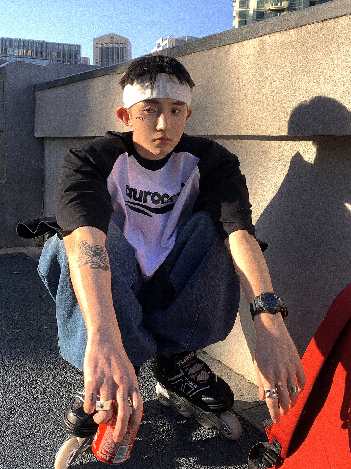 Aurocean插肩袖T恤320克重磅全棉美式复古黑白拼接大版五分袖_虎窝淘