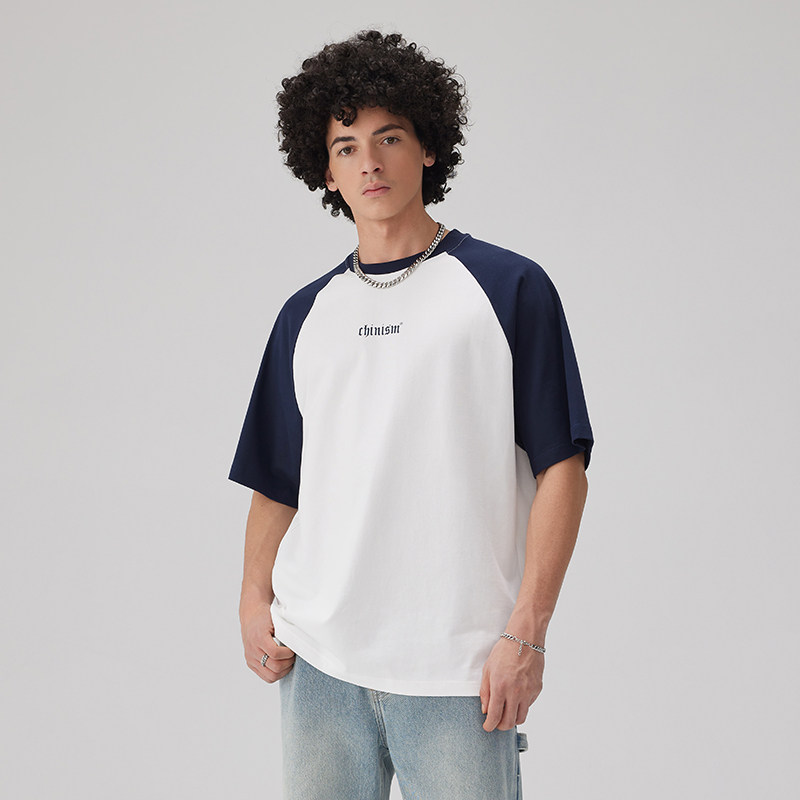 CHINISM CH撞色插肩男生短袖T恤潮牌美式夏季简约半袖男宽松高街_虎窝淘