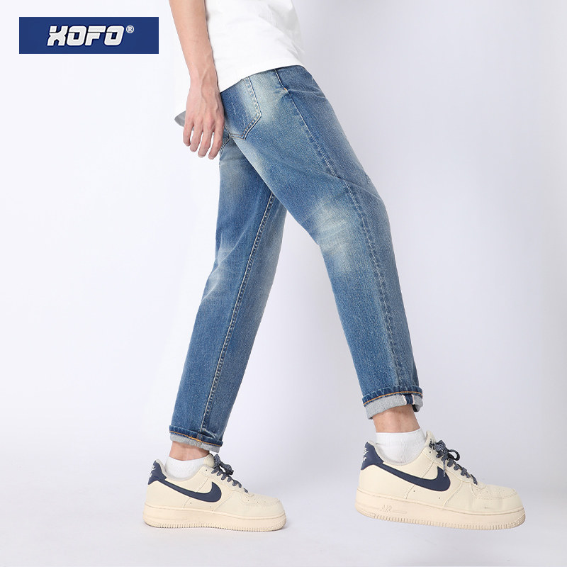XOFO柔质轻石磨水洗春夏新款弹力直筒宽松浅色休闲九分牛仔裤男_虎窝淘