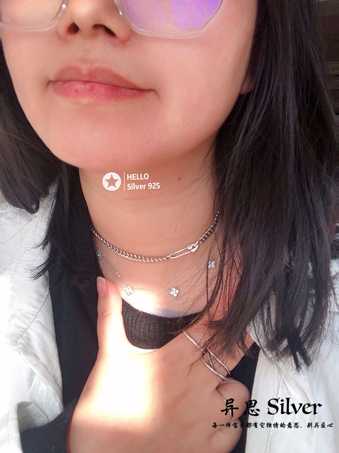 韩国东大门 4mm坦克链曲别针颈链回形针贴脖项链 S925纯银银饰_虎窝淘