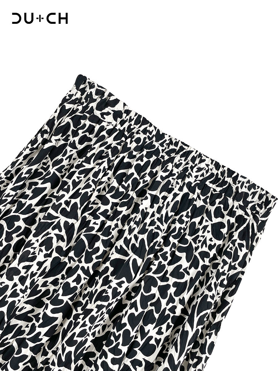 CU+CH春秋女时尚复古百搭通勤爱心印花中长款褶皱半身裙 - 三坑日记