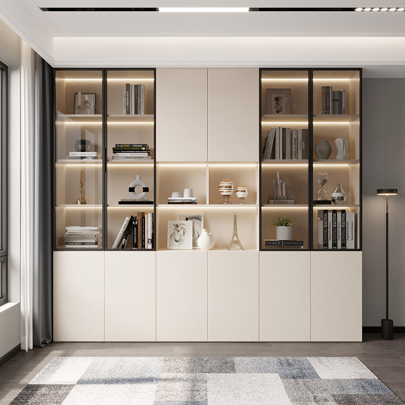 现代轻奢家用书架办公室客厅实木书柜一体整墙到顶书房储物柜定制_虎窝淘