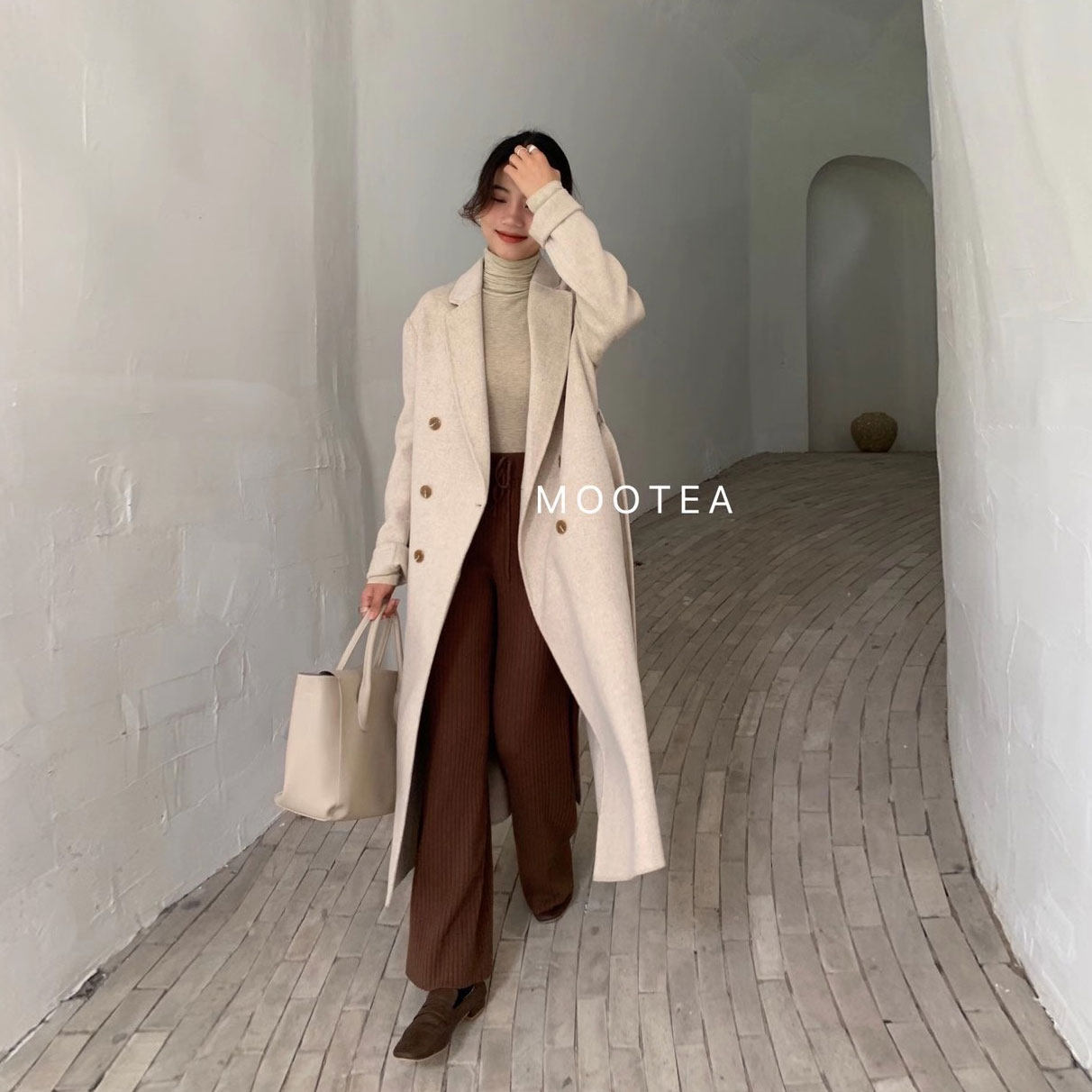 MOOTEA韩范气质毛呢外套女秋冬新款双面羊绒时尚百搭过膝长款大衣_虎窝淘