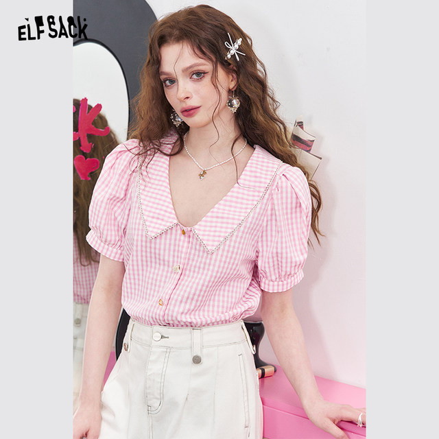 Fairy's pocket blue and white checkered puff sleeve short-sleeved shirt for women 2025 lace ...