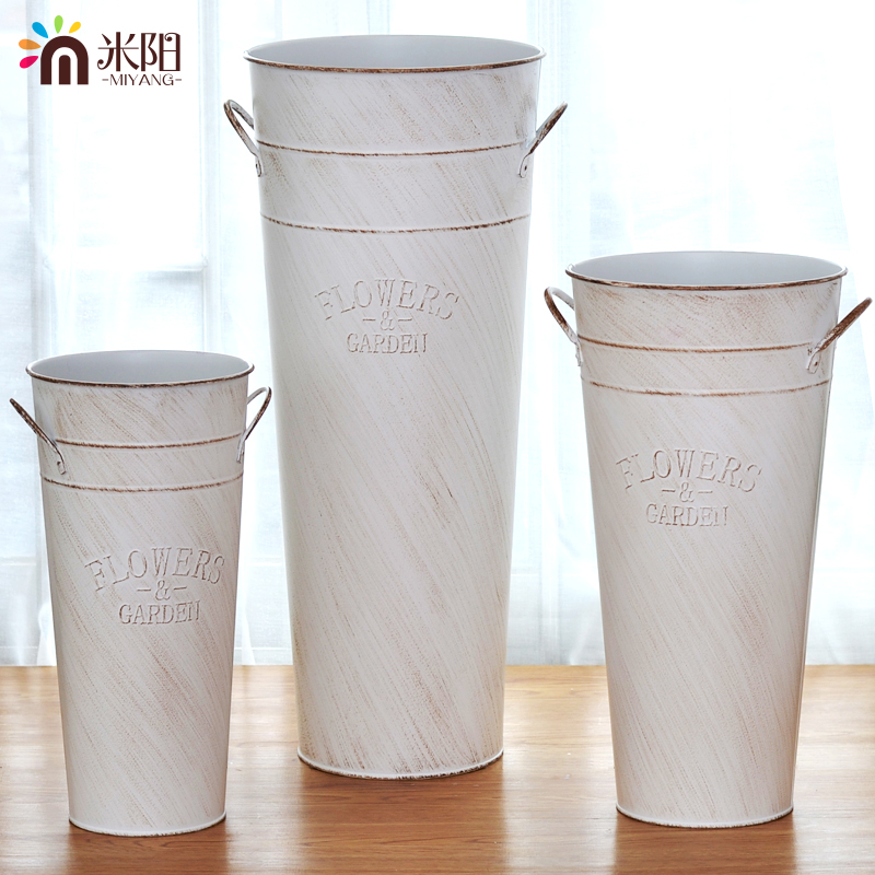 【芈阳】不漏水铁皮鲜花桶复古白色铁桶铁皮桶花店花桶落地花瓶_虎窝淘