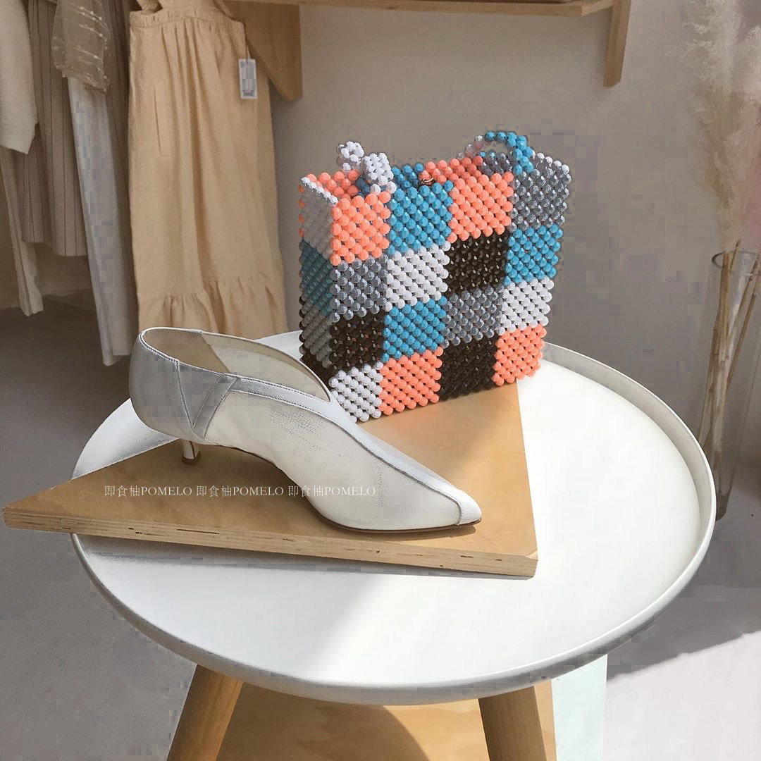 RTEP小众设计Lisa同款手工制复古橘蓝方块几何拼接串珠手提包_虎窝淘