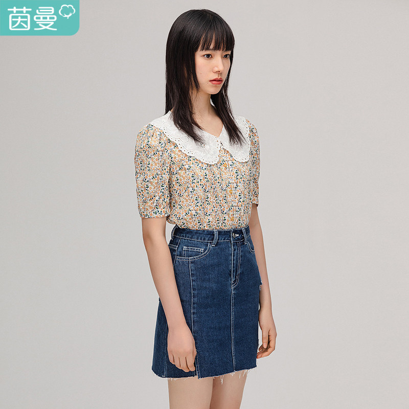 【商场同款】茵曼2021夏装短袖衬衫女镂空绣花娃娃领减龄碎花衫_虎窝淘