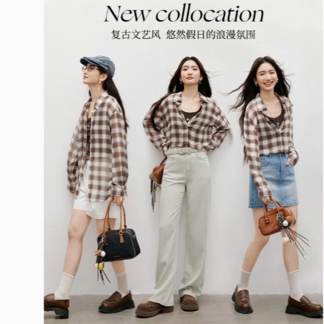 Red Sleeve American Retro Plaid Shirt 2025 Autumn New Women's Mocha Echo Long Sleeve Loose Top