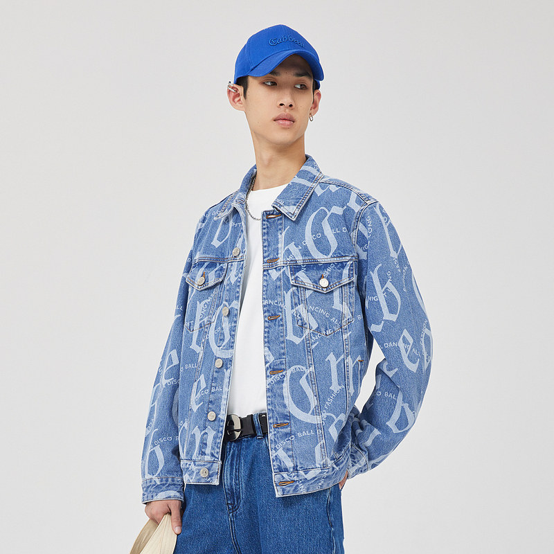 Cabbeen卡宾男装牛仔夹克春夏新款时尚logo满印牛仔外套潮A_虎窝淘