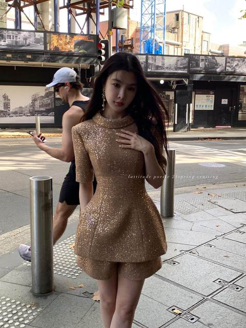 Lattitude Yang Xiaolu fine wool blended gold silver silk sequins shirt ...