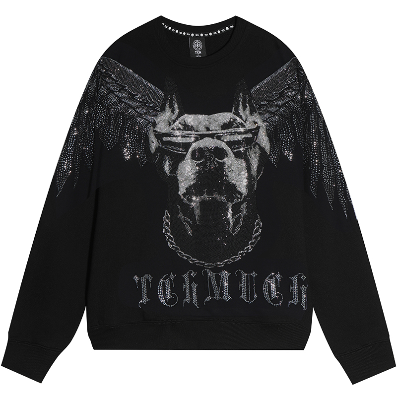 【直播】TCH潮牌翅膀狗狗烫钻黑色圆领卫衣T21111C6051_虎窝淘