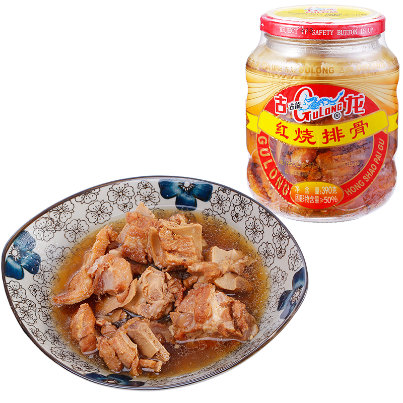 古龙食品红烧排骨罐头猪肉熟食卤肉下酒下饭小菜即食品瓶装390g*3_虎窝淘
