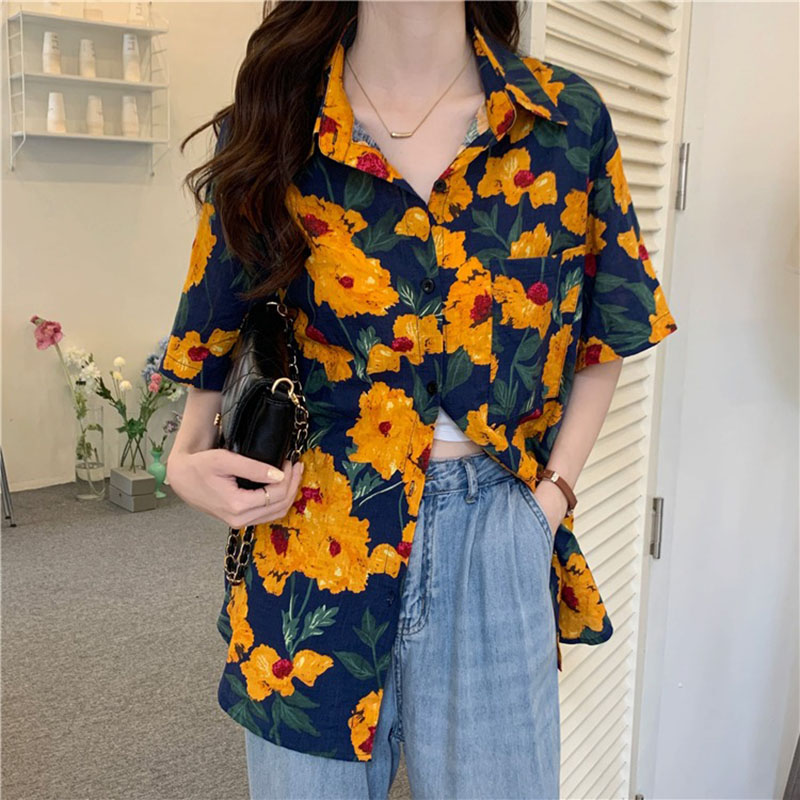 夏威夷风复古花衬衫上衣夏女高级感别致漂亮小衫法式宽松短袖衬衣_虎窝淘