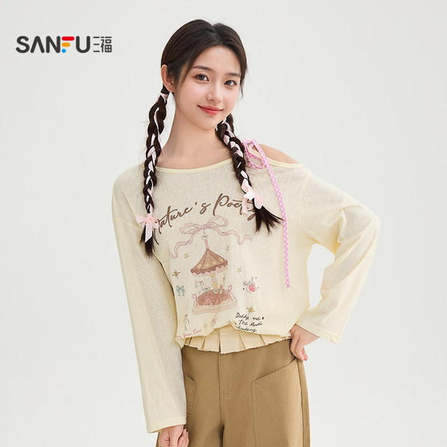 Sanfu Long Sleeve T-shirt for Women 2025 New Autumn Sweet Print Strap ...