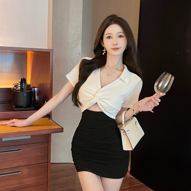 Black and white color matching chic niche pure desire sexy shirt dress ...