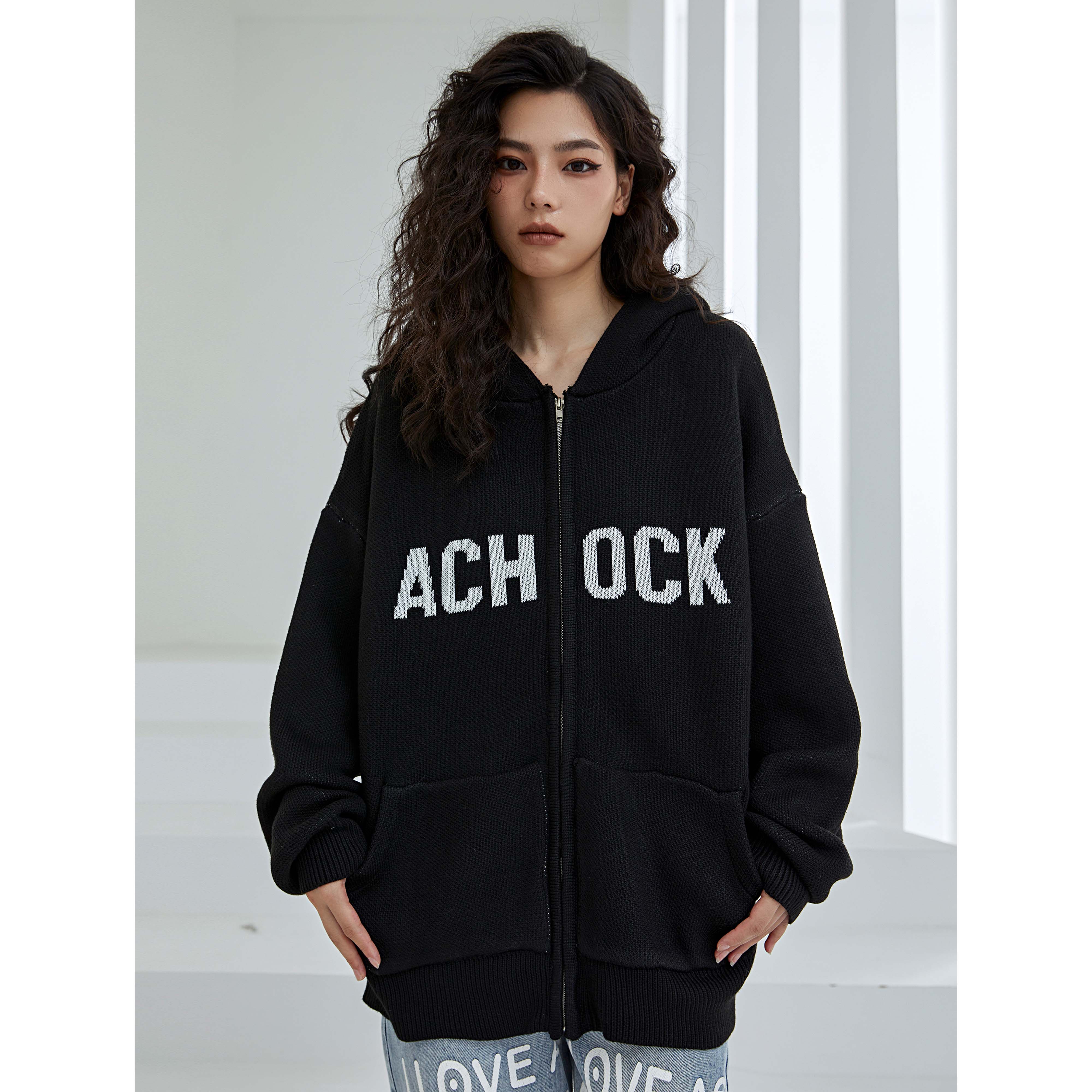 【Achock官方店】潮原创秋冬logo拉链重磅开衫毛衣美式连帽针织衫_虎窝淘